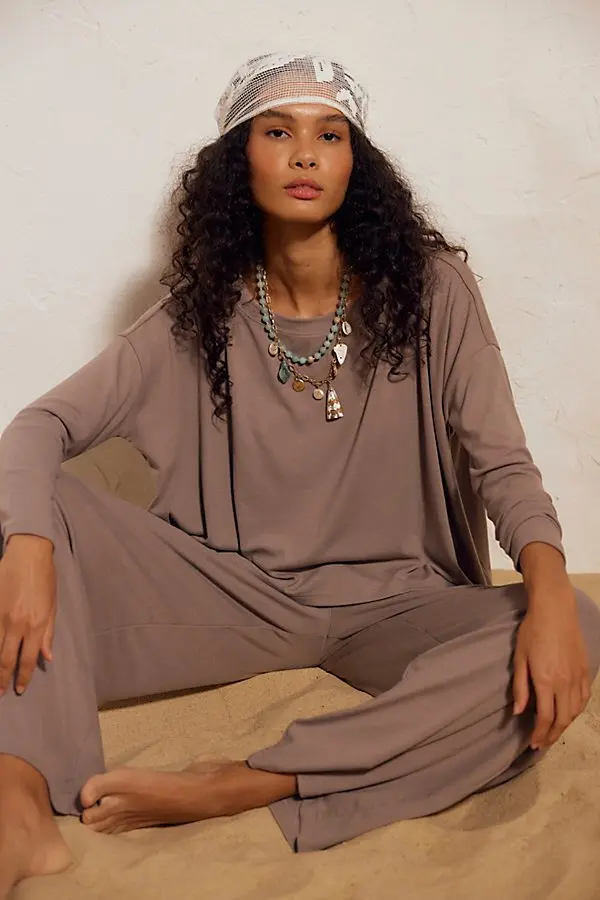Free People Baby-rib Long Sleeve Top And Wide-leg Pants Set - Grey