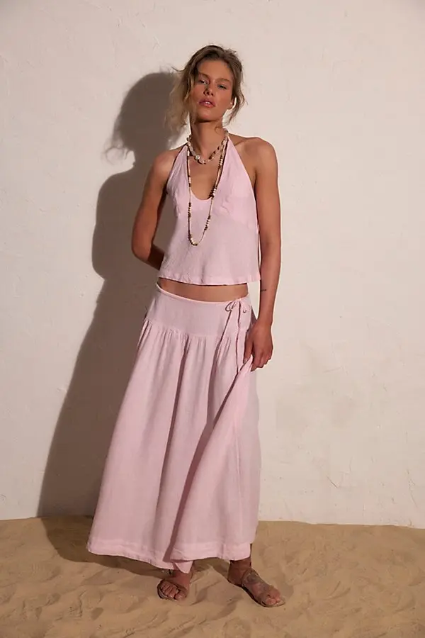 Free People Linen Halter Top And Maxi Skirt Set - Cherry Blossom