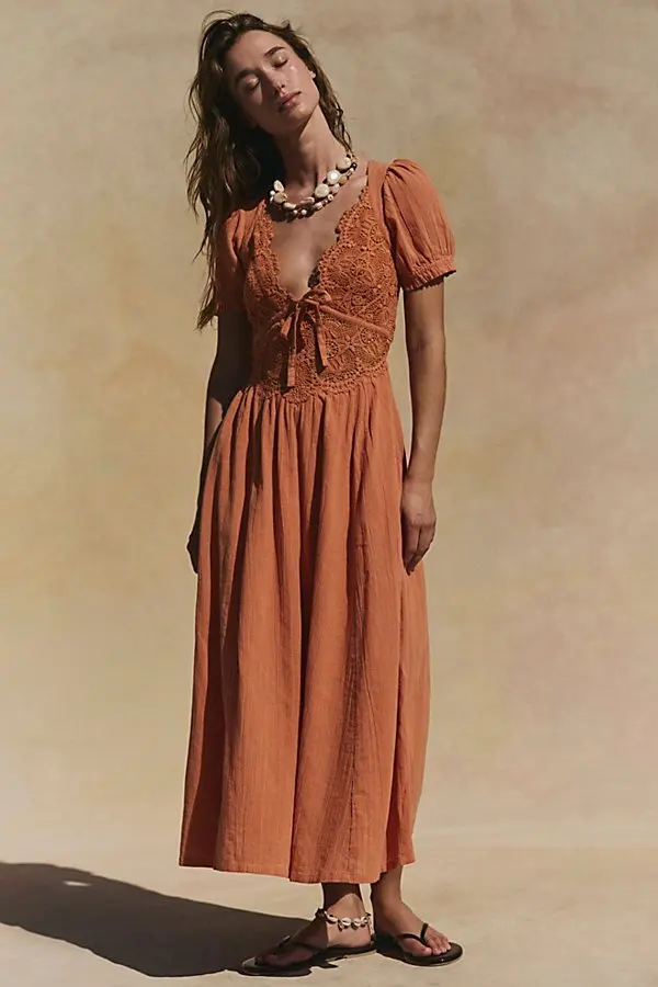 Free People Lace-adorned Midi Dress - Sun Bake