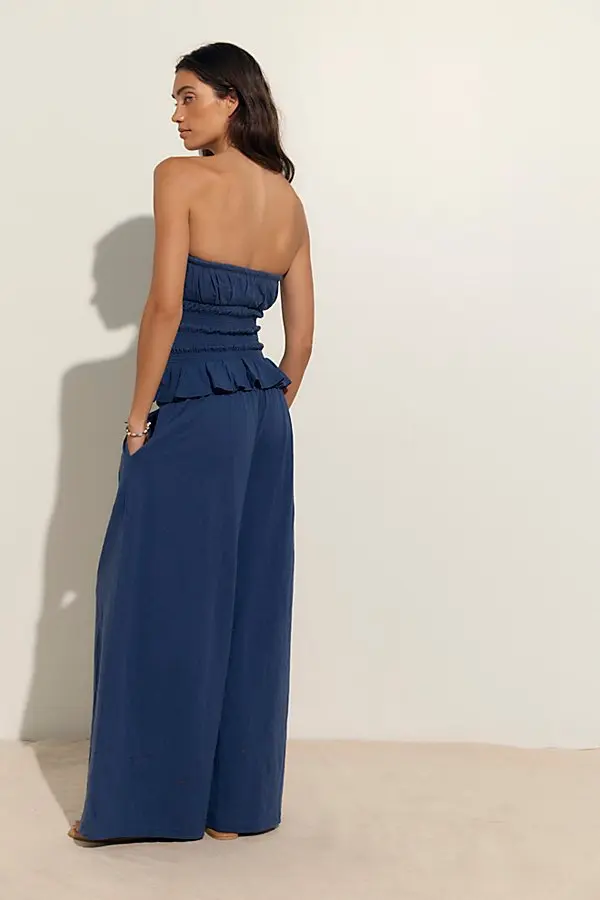 Free People Strapless Smocked Bodice Top And Wide-leg Pant Set - Poseidon