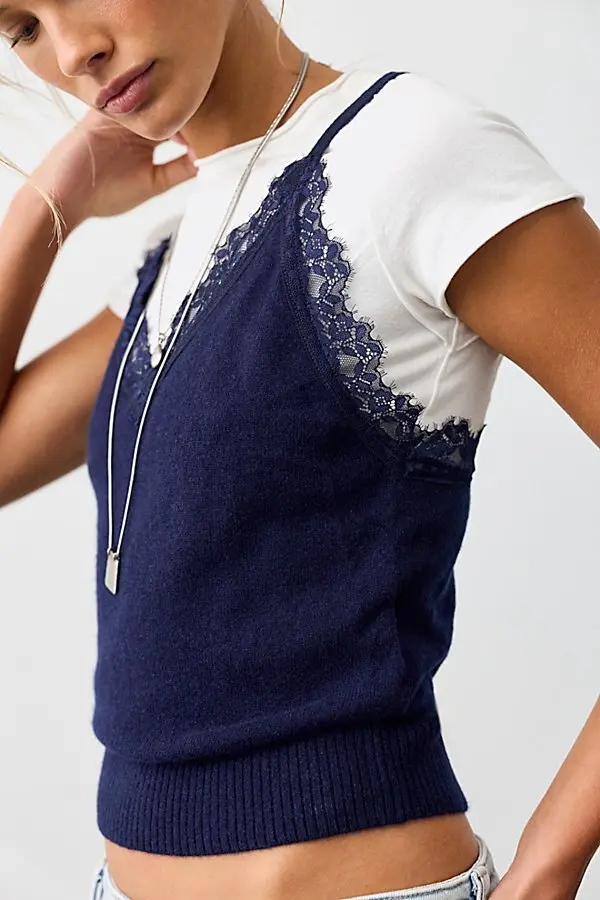 Free People Lace Trimmed Cashmere Tank Top - Shark