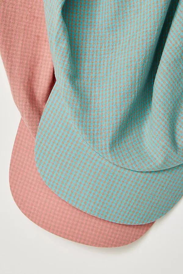 Free People Gingham Baseball Cap With Attached Scarf - Teal Combo