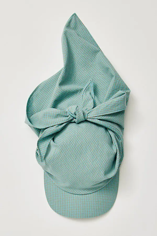 Free People Gingham Baseball Cap With Attached Scarf - Teal Combo