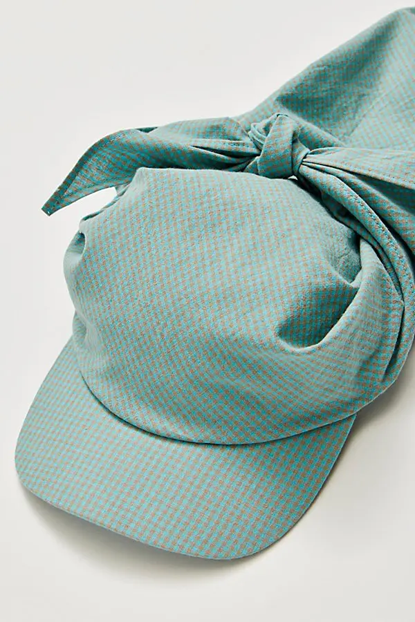 Free People Gingham Baseball Cap With Attached Scarf - Teal Combo