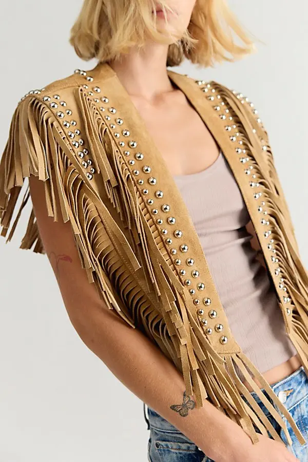 UNDERSTATED LEATHER Studded Fringe Suede Collar - Dust