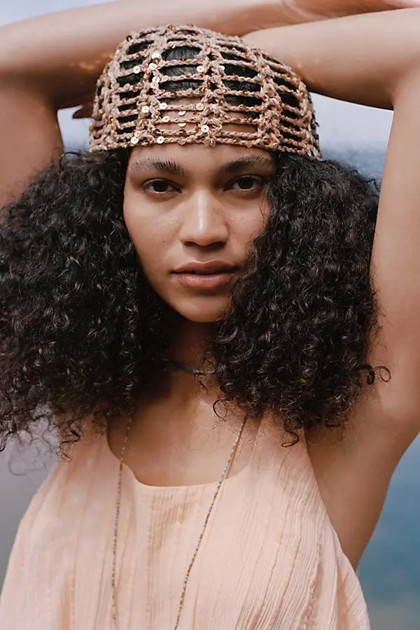 Free People Mila Sequin Disco Crochet Skull Cap At - Bronze