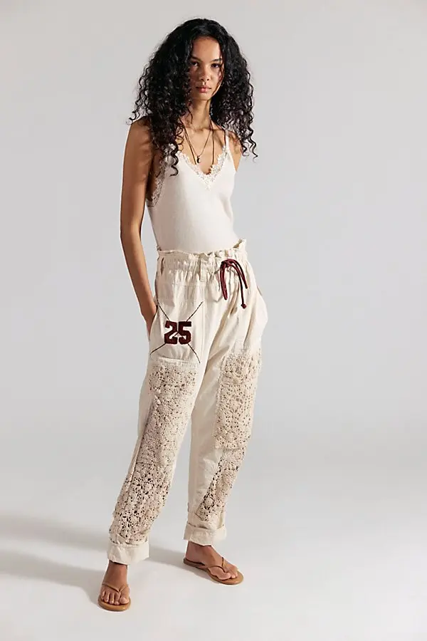 Free People Crafty Pull-on Cotton Pants With Crochet Panelling - Birch
