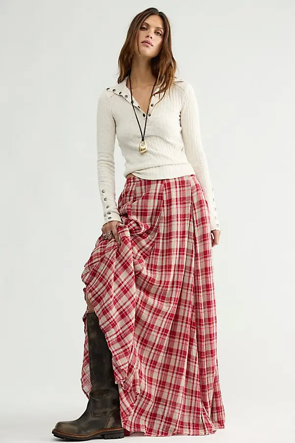 Free People Checked Maxi Skirt - Cherry Combo