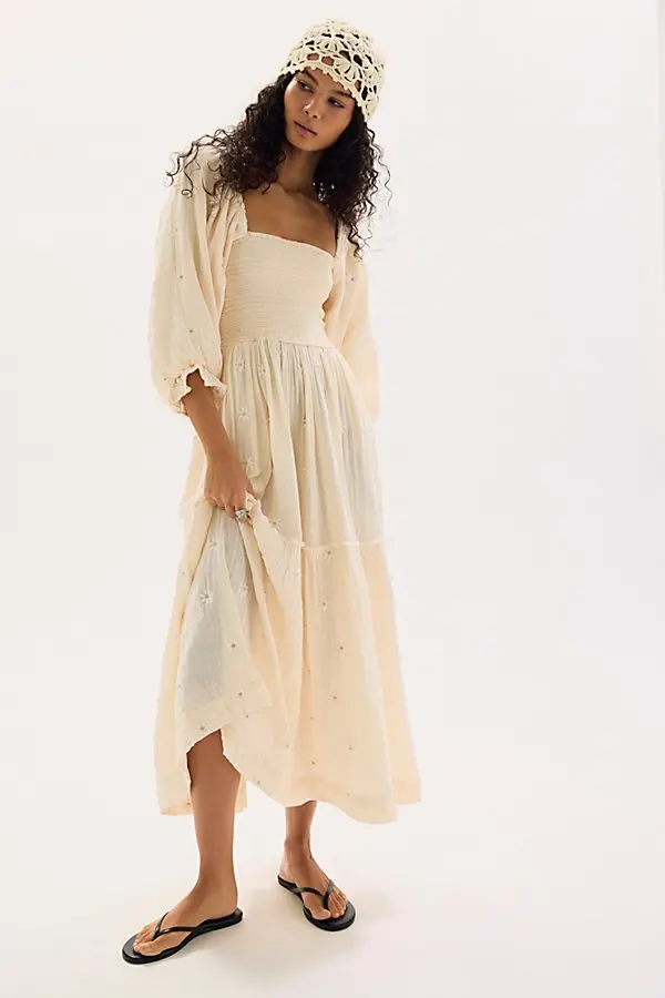 Free People Dahlia Embroidered Maxi Dress - Shortbread Combo