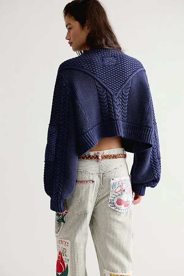 We The Free Sasha Cropped Cotton Cable Knit Cardigan - Navy