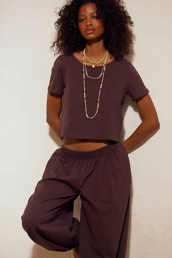 Free People Stella Cotton-jersey Cropped Baby Tee And Balloon Pant Set - Fudge