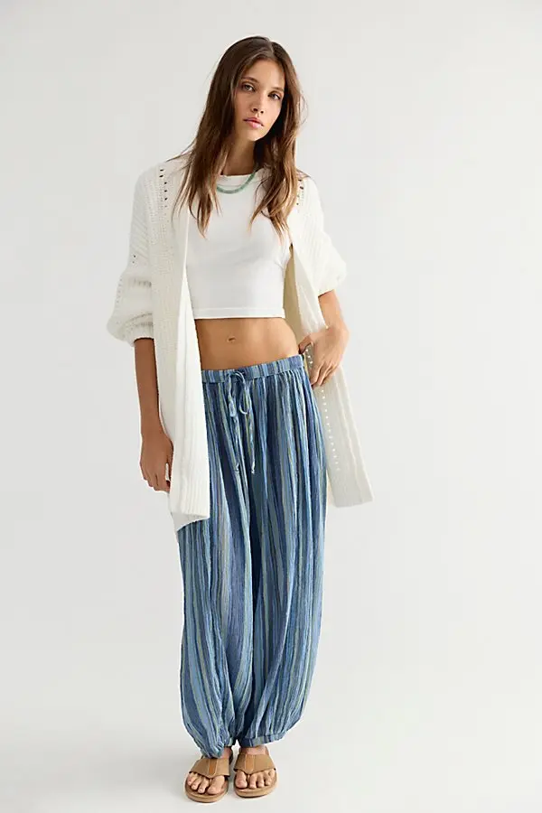 Free People Playa Party Stripe Balloon Pants - Navy Combo