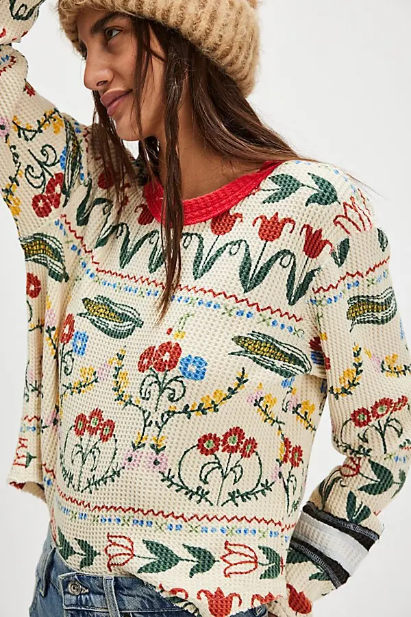 We The Free Fair Isle" Waffle Knit Long Sleeve Top - Corn