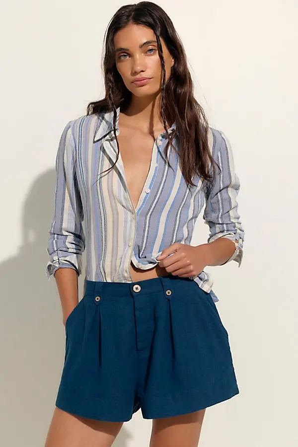 Free People Jetty Linen Tailored High-rise Shorts - Poseidon