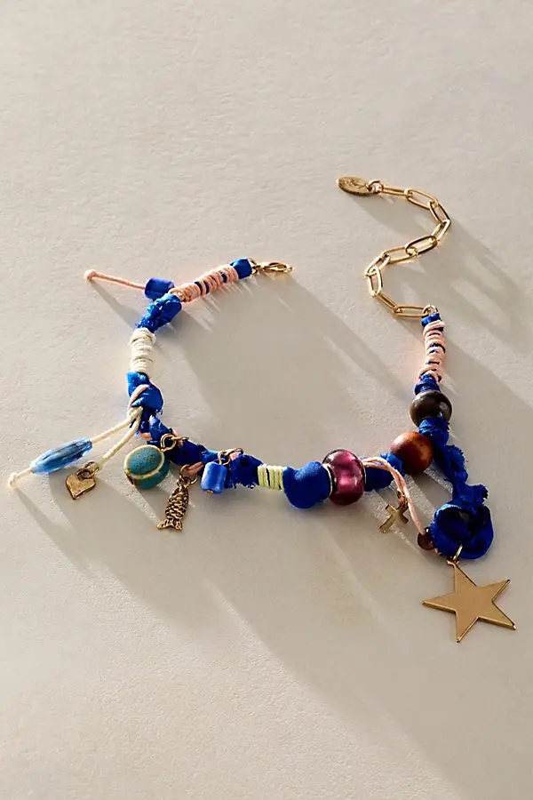 Free People Textile Anklet With Mixed Beads And Charms - Cobalt