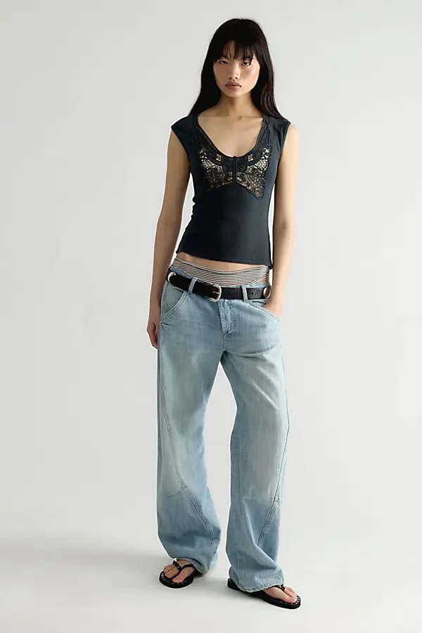 TRICIA FIX Butterfly Lace Trimmed Tank Top - Black