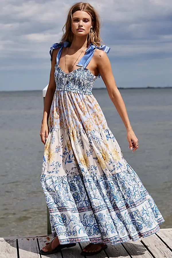 Free People Floral Print Smocked Maxi Dress - White Combo
