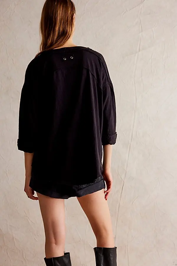 We The Free Redone Cotton Slouchy Long-sleeve Tee With Shirred Detailing - Black