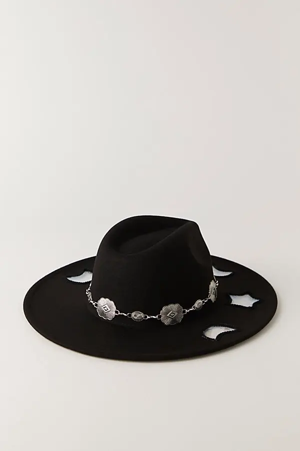 Free People Western Style Felt Hat With Cut-outs And Chain Detail