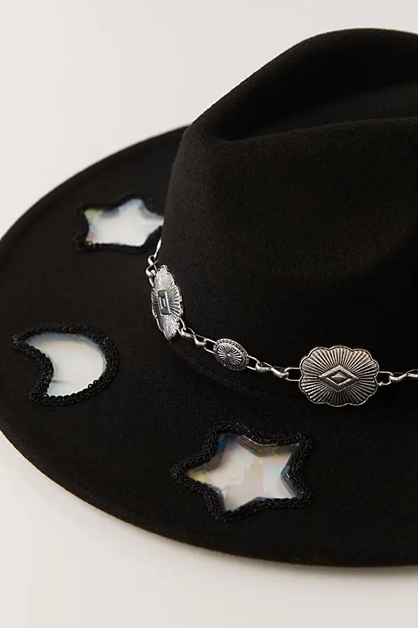 Free People Western Style Felt Hat With Cut-outs And Chain Detail