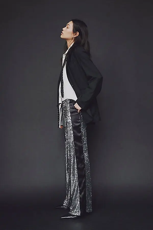 Free People Low-rise Sequined Wide-leg Trousers - Silver Combo
