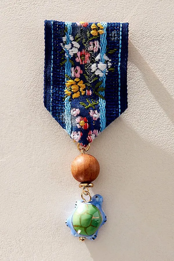 Free People Embroidered Textile Brooch With Beaded Charm - Turtle