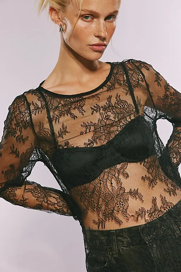 INTIMATELY Long-sleeve Lace Top With Cut-out Detail