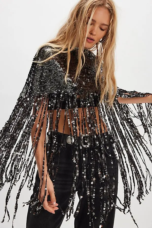 Free People All Night Long Sequin Cape - Black