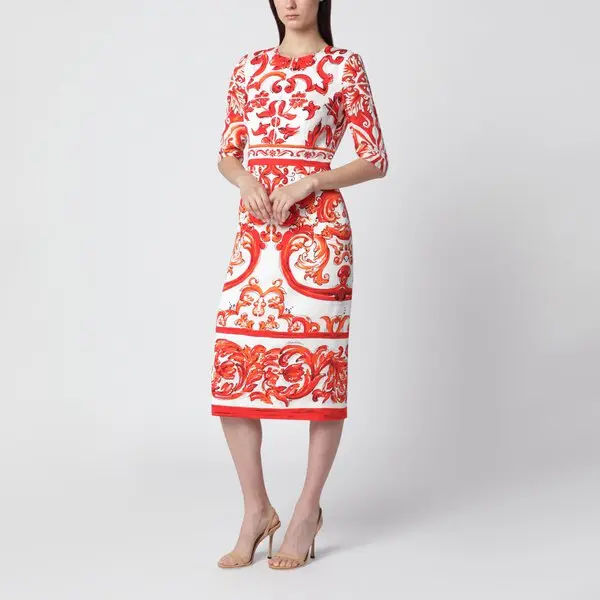Dolce & Gabbana Fitted Maiolica-print Silk Charmeuse Dress - Orange