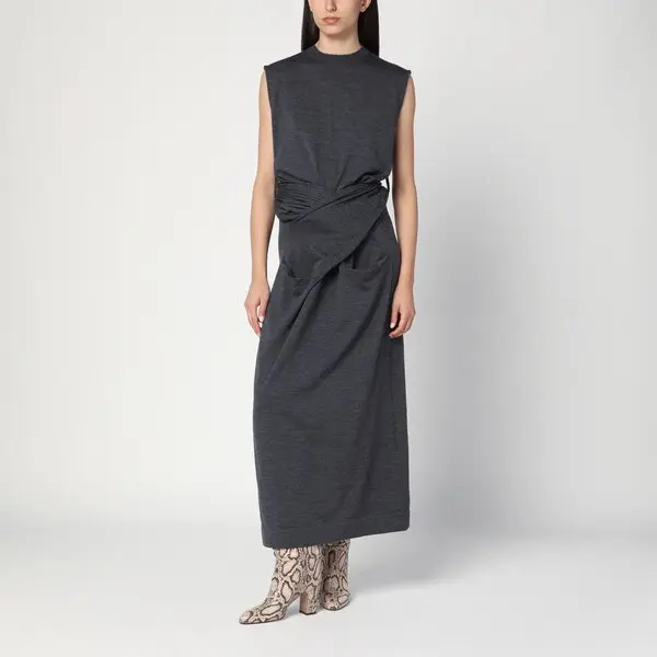 JIL SANDER Wool Midi Dress With Crossover Detail - Grey