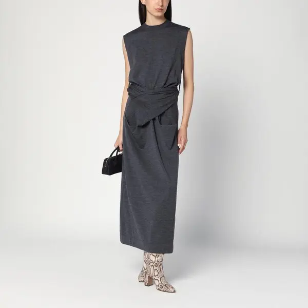 JIL SANDER Wool Midi Dress With Crossover Detail - Grey