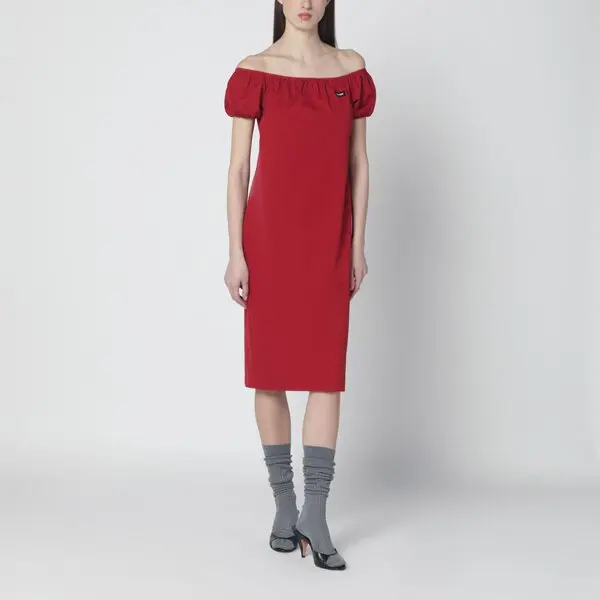 Miu Miu Off-the-shoulder Midi Dress With Logo Detail - Red