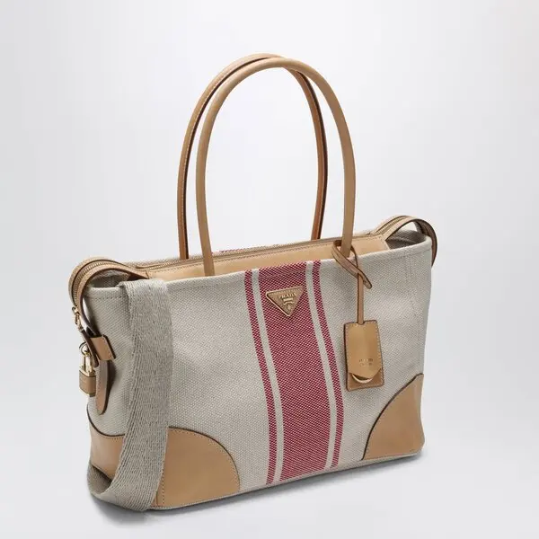 Prada Shopping Bag In Canvas And Leather - Beige