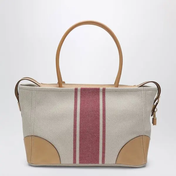 Prada Shopping Bag In Canvas And Leather - Beige