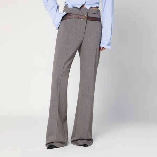 Prada Wool Blend Wide Leg Trousers With Printed Belt - Brown