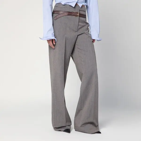 Prada Wool Blend Wide Leg Trousers With Printed Belt - Brown