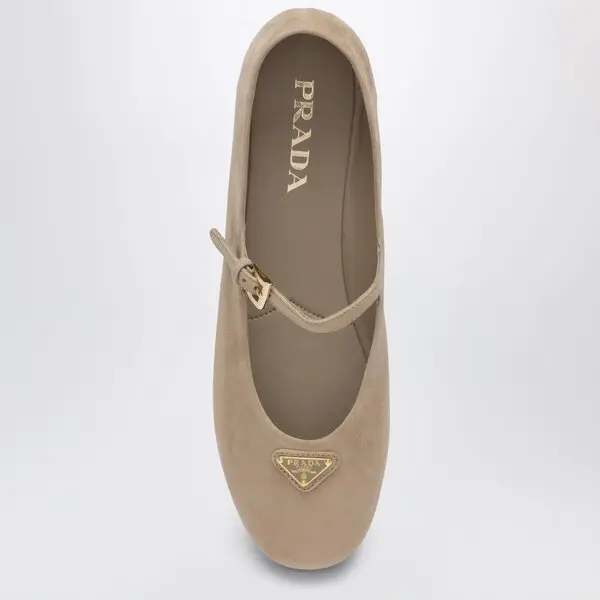 Prada Suede Leather Ballet Flats With Buckle Detail - Beige