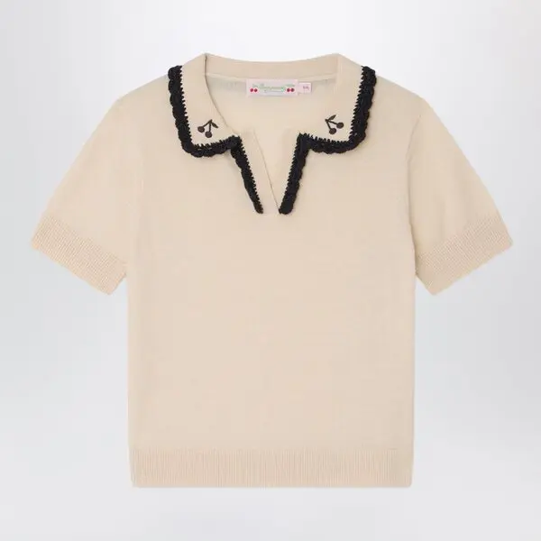 Bonpoint Ecru Wool And Cotton Blend Sweater With Embroidered Cherries - Beige