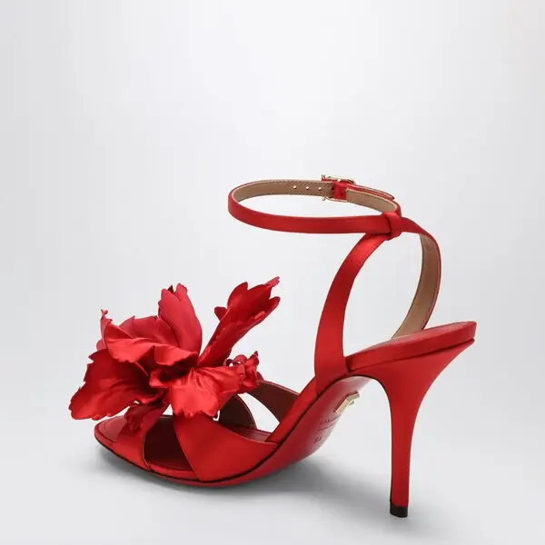 FERRAGAMO Satin Floral High Heel Sandals - Red