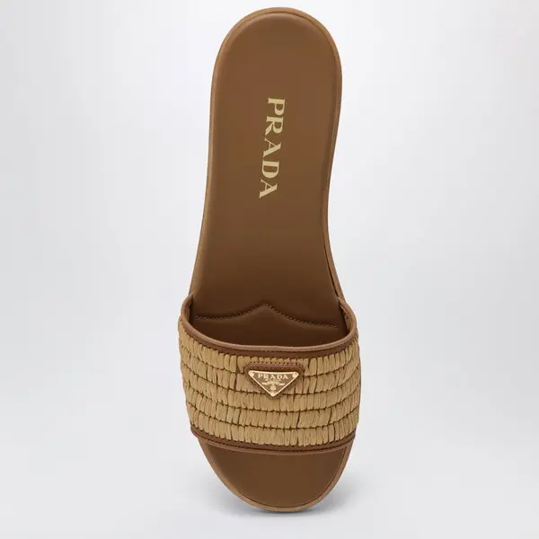 Prada Leather Slider Sandals With Crochet Detail - Beige