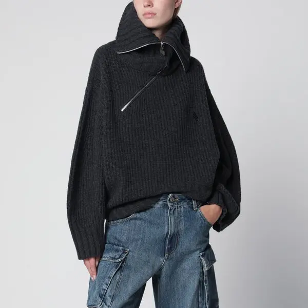 Attico Dark Wool And Cashmere Knit Sweater With Asymmetrical Zip - Grey