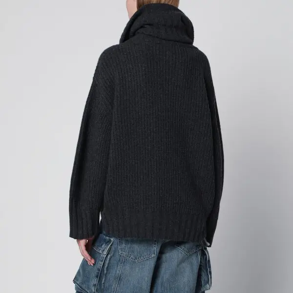 Attico Dark Wool And Cashmere Knit Sweater With Asymmetrical Zip