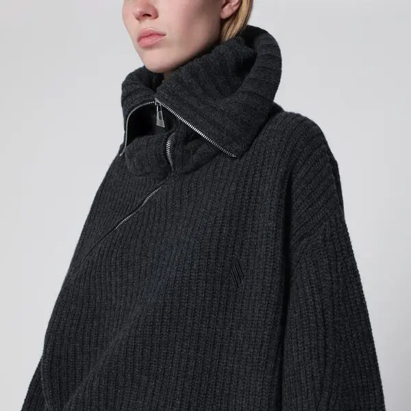 Attico Dark Wool And Cashmere Knit Sweater With Asymmetrical Zip