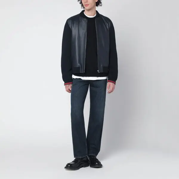 Gucci Navy Nappa Leather And Wool Blend Bomber Jacket - Blue