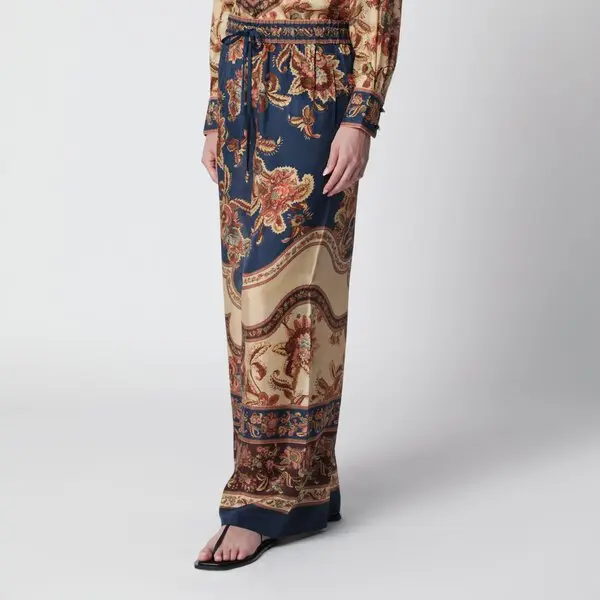 Zimmermann Aster Navy Jacobean Printed Silk Trousers - Multicolor