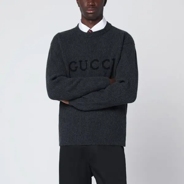 Gucci Wool And Cashmere Crew Neck Sweater With Logo Intarsia - Black