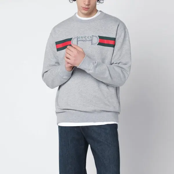 Gucci Mélange Brushed Cotton Jersey Sweatshirt With Logo Print And Web Stripe - Grey
