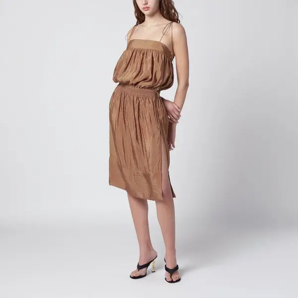 Saint Laurent Spaghetti Strap Dress With Side Slits - Brown