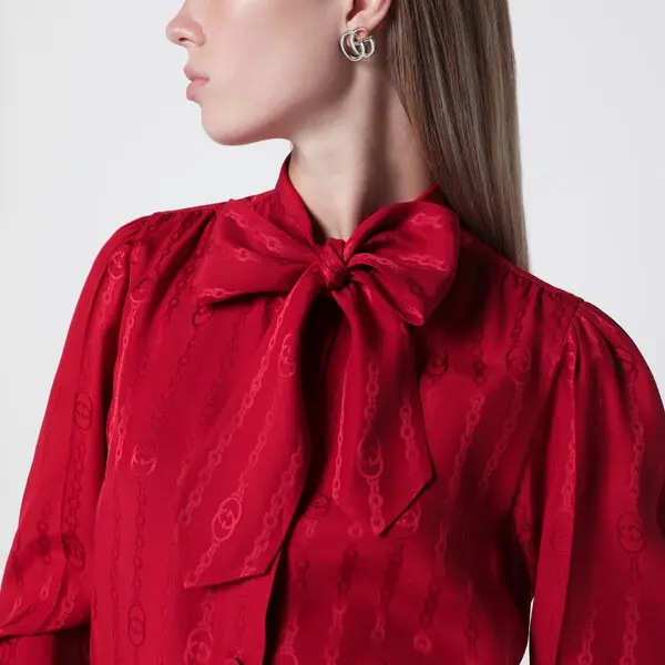 Gucci Silk Jacquard Shirt With Interlocking Gg Chain Motif