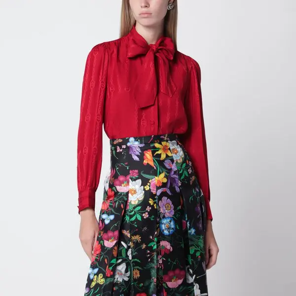 Gucci Silk Jacquard Shirt With Interlocking Gg Chain Motif - Red